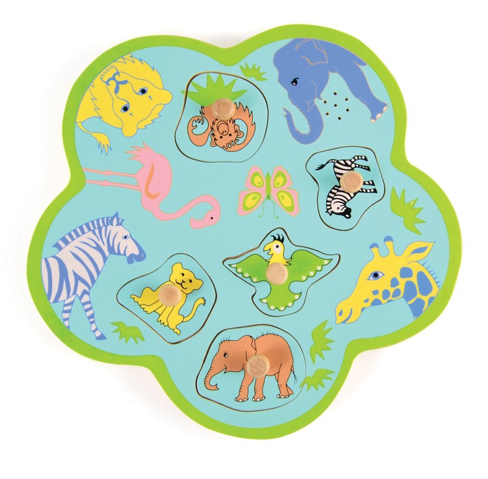 Knoppuslespil af træ med lyd - Vilde dyr - 5 dele - fra 1 år